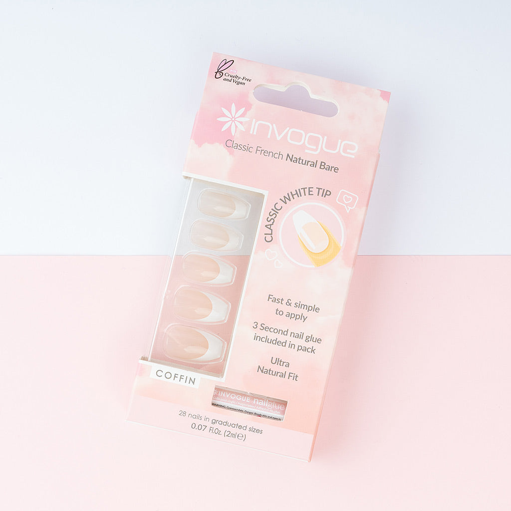 Invogue False Nails Coffin Medium Length - Classic French Natural Bare ...