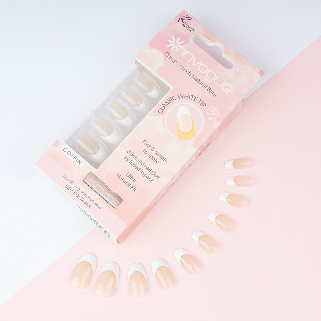 Invogue False Nails Coffin Medium Length - Classic French Natural Bare ...