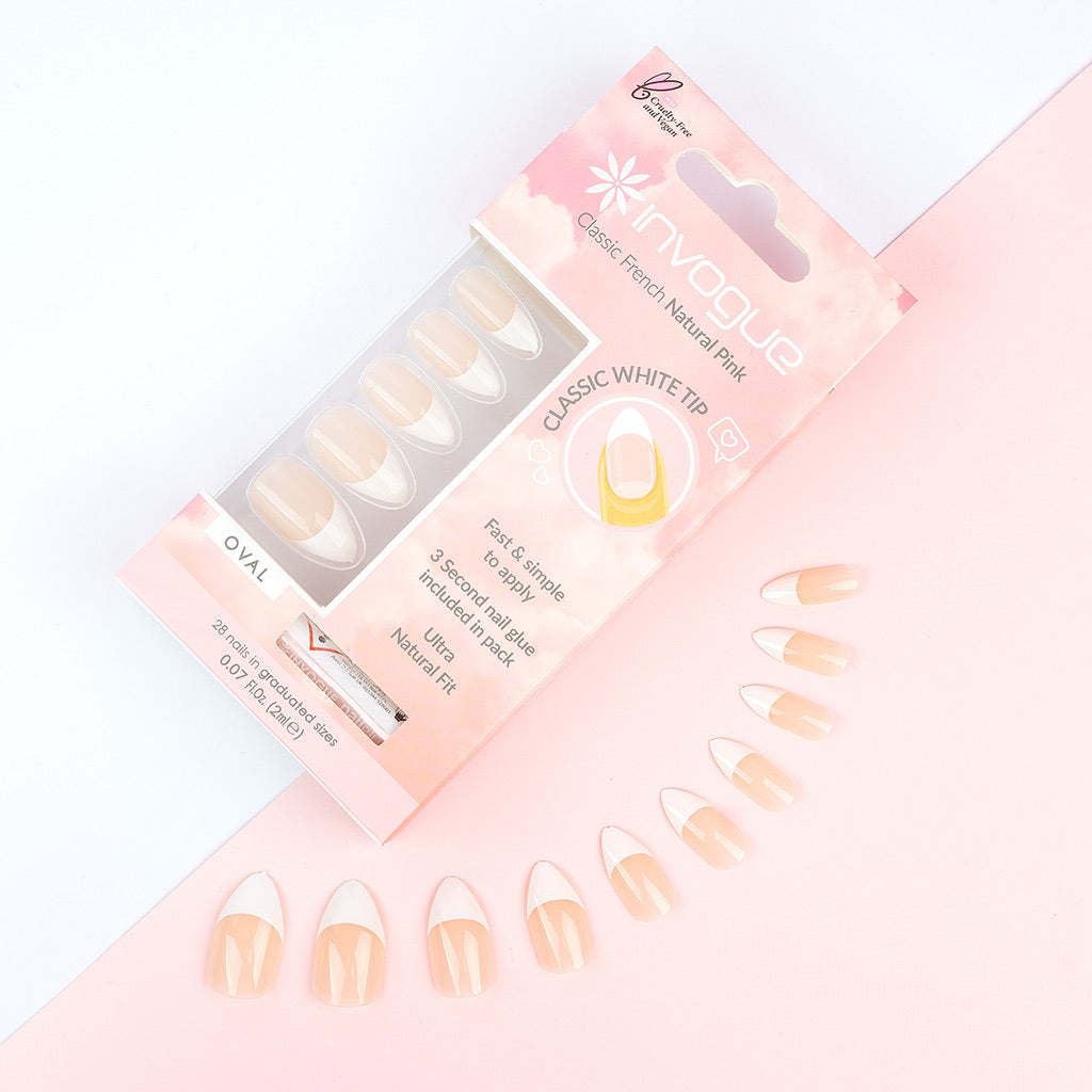 Invogue False Nails Oval Medium Length - Classic French Natural Pink ...