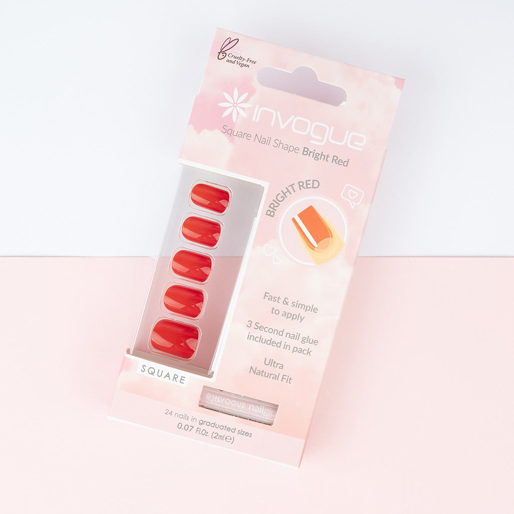 Invogue False Nails Square Medium Length - Bright Red | False Eyelashes
