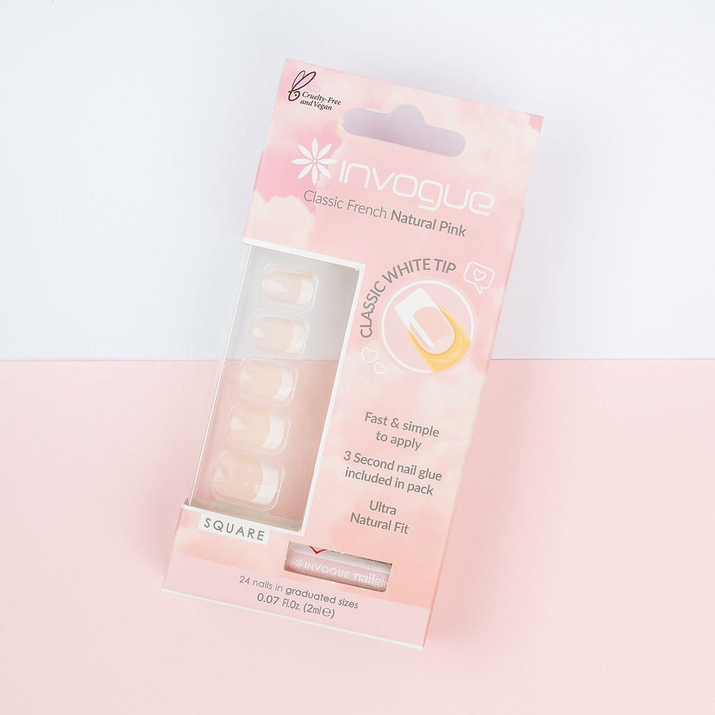 Invogue False Nails Square Medium Length - Classic French Natural Pink ...