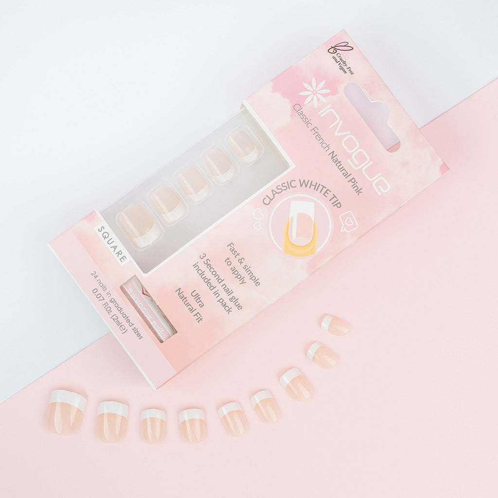 Invogue False Nails Square Medium Length - Classic French Natural Pink ...