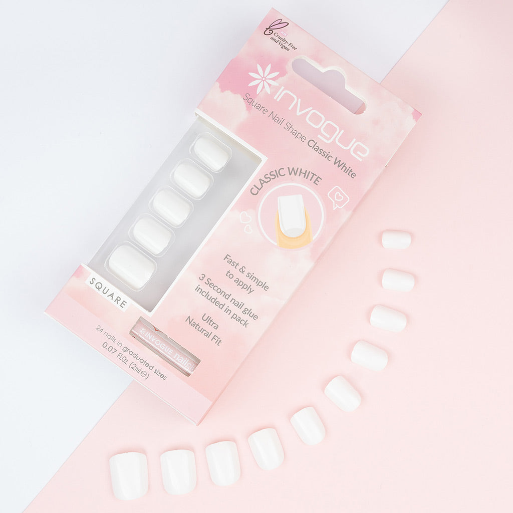 Invogue False Nails Square Medium Length - Classic White | False Eyelashes
