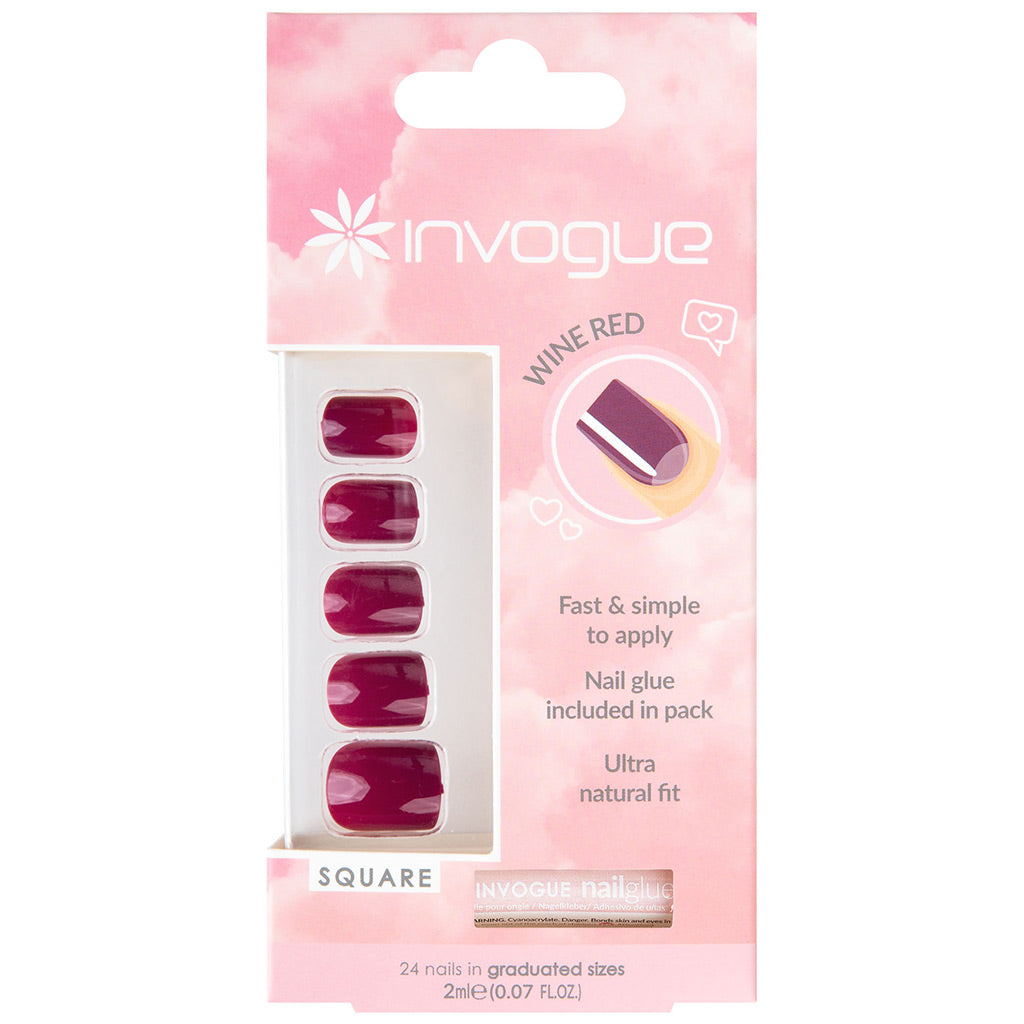 Invogue False Nails Square Medium Length - Wine Red | False Eyelashes